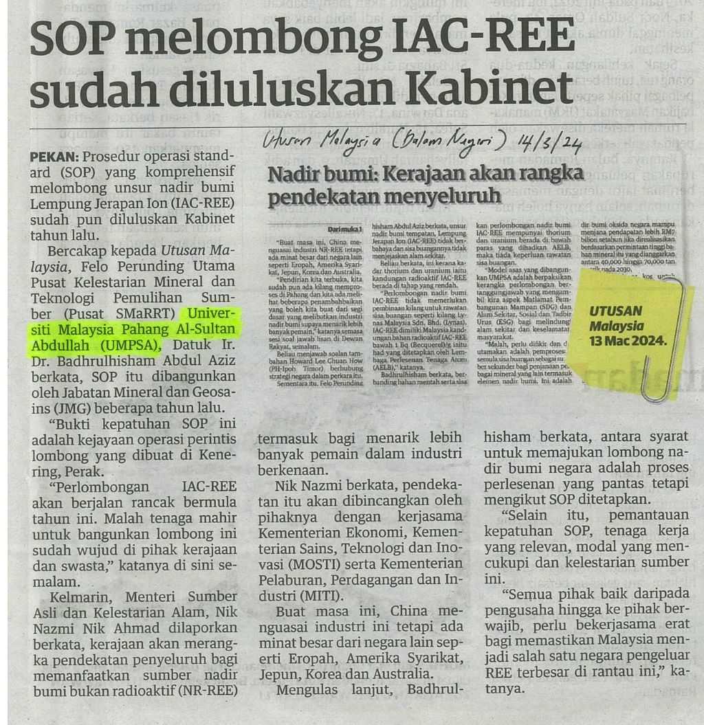 SOP melombong IAC-REE sudah diluluskan Kabinet UMPSA News